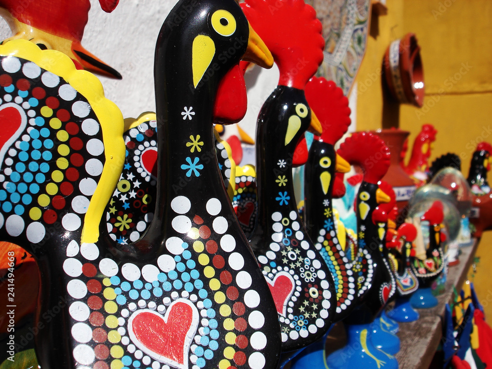 Ceramic crafts with the traditional Portuguese rooster. Stock Photo ...