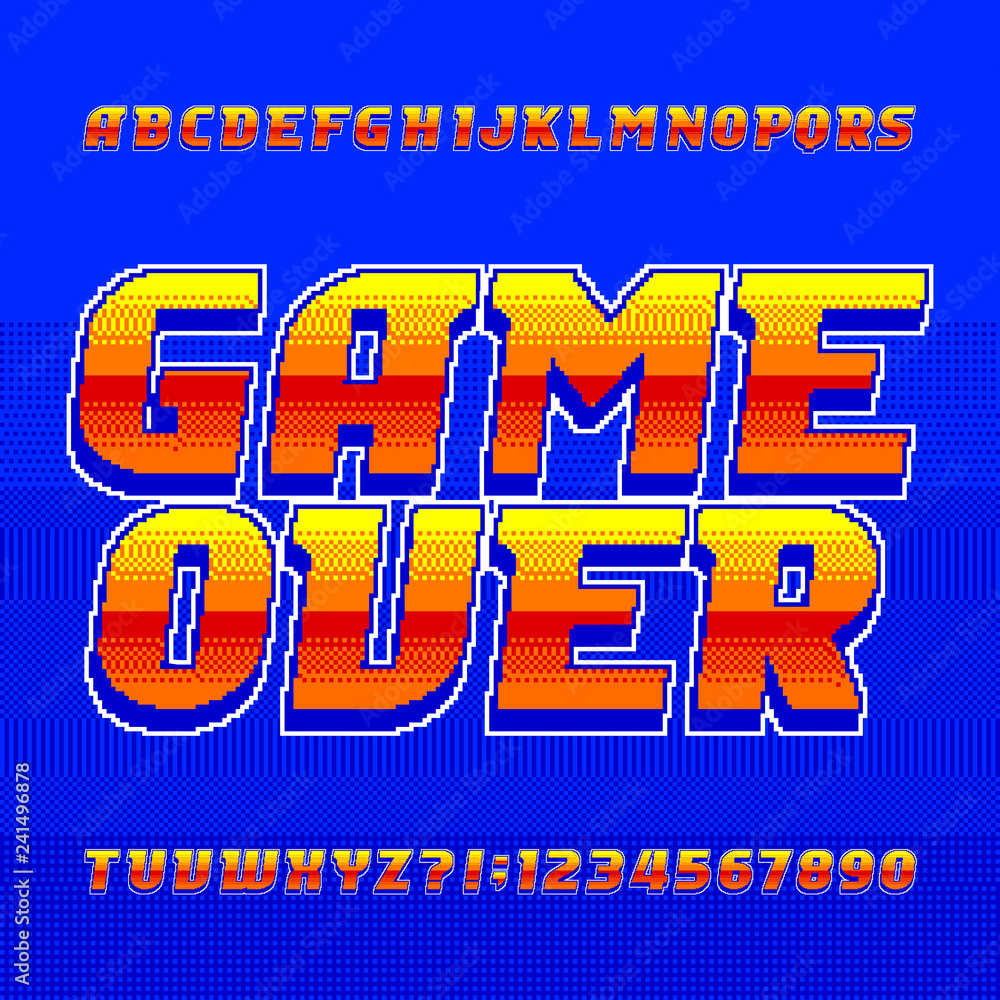 Game over alphabet font. Pixel gradient letters and numbers. 80s arcade ...