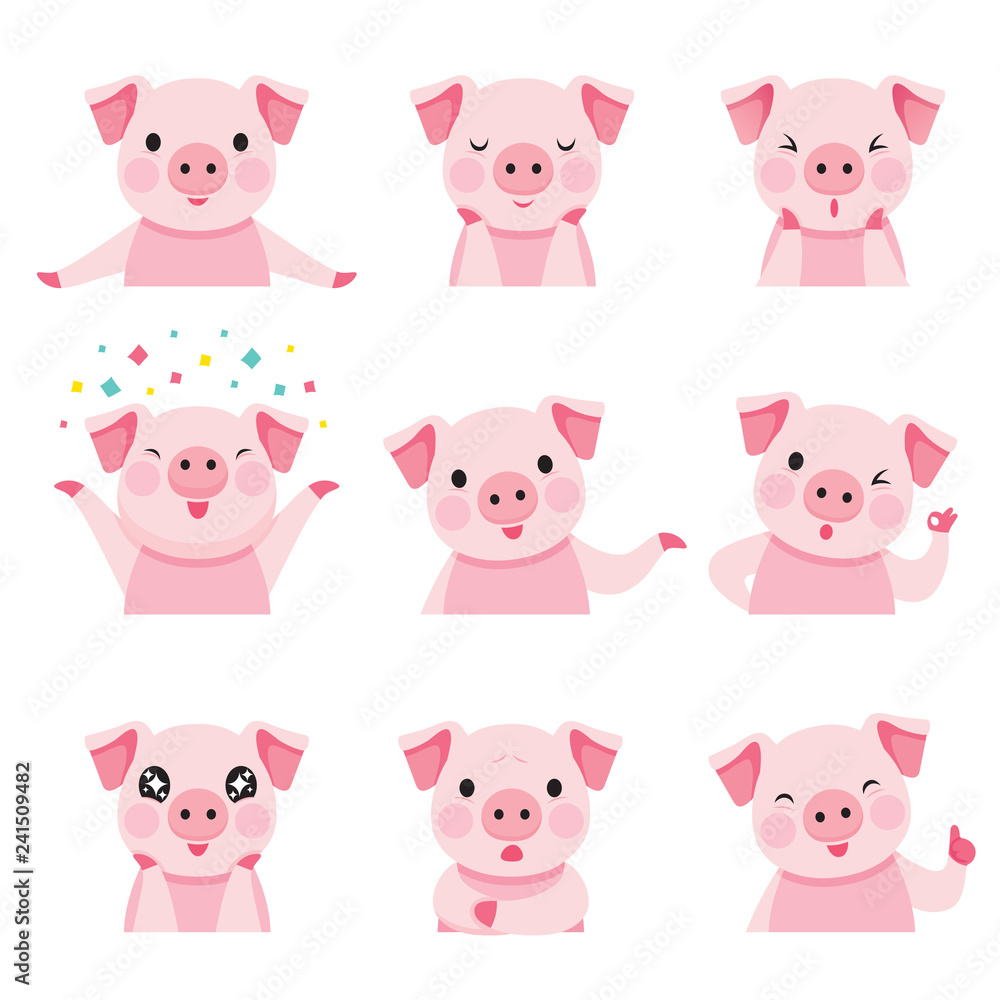 Pig Emoticons Icons Set, Year Of The Pig, Food, Piglet, Imoji Stock ...