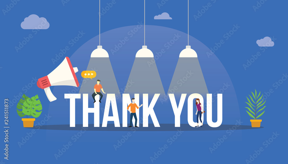 thank you big word with megaphone and team people around the text with ...