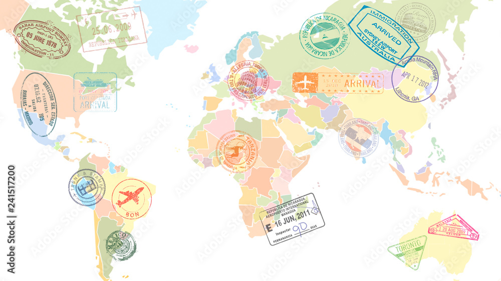 World map with Visas, Stamps, Seals. Travel concept Stock Illustration ...