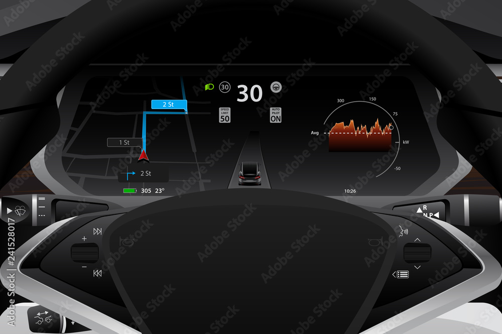 Self driving electric car dashboard display closeup. Speedometer ...
