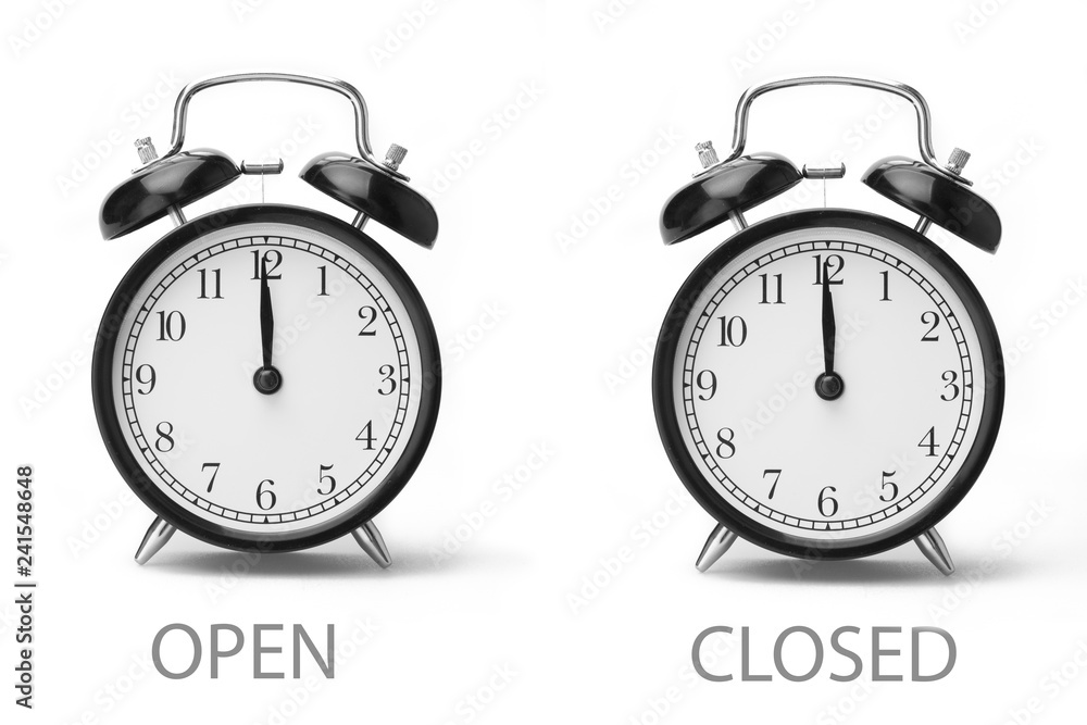 Sign showing business opening hours Black and white image Isolated on ...