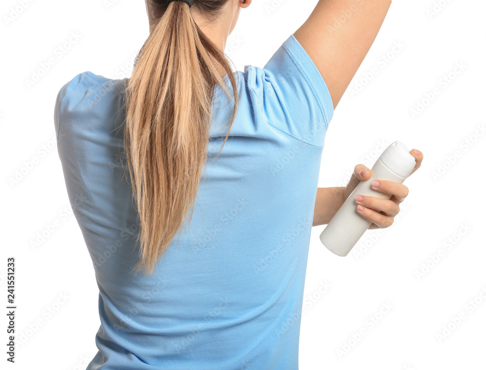 Beautiful young woman with deodorant on white background Stock Photo ...