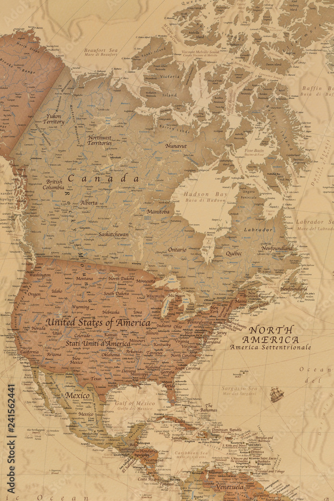 Ancient geographic map of north America with names of the countries ...