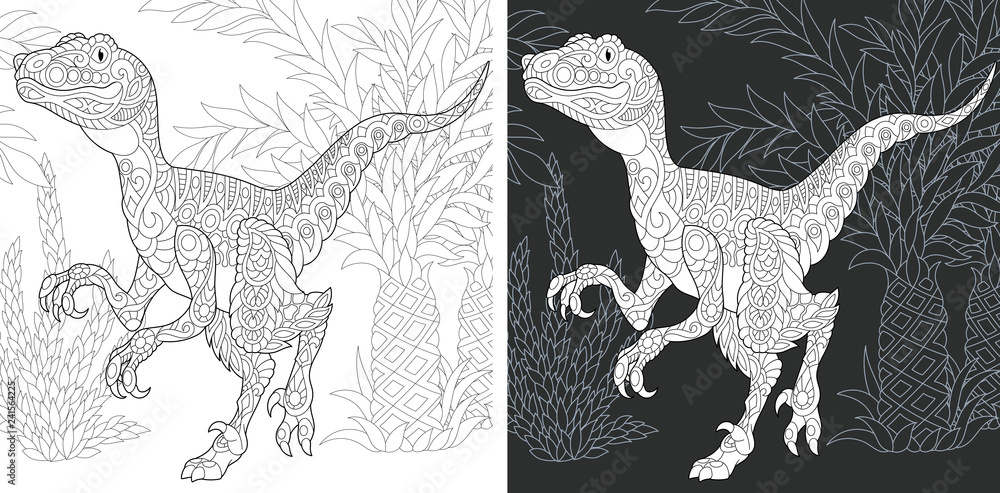 Coloring pages with Raptor dinosaur Stock Vector | Adobe Stock