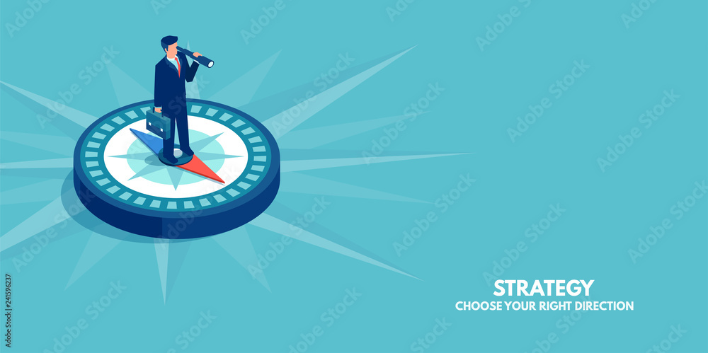 Vector of a businessman standing on compass showing direction. Symbol ...