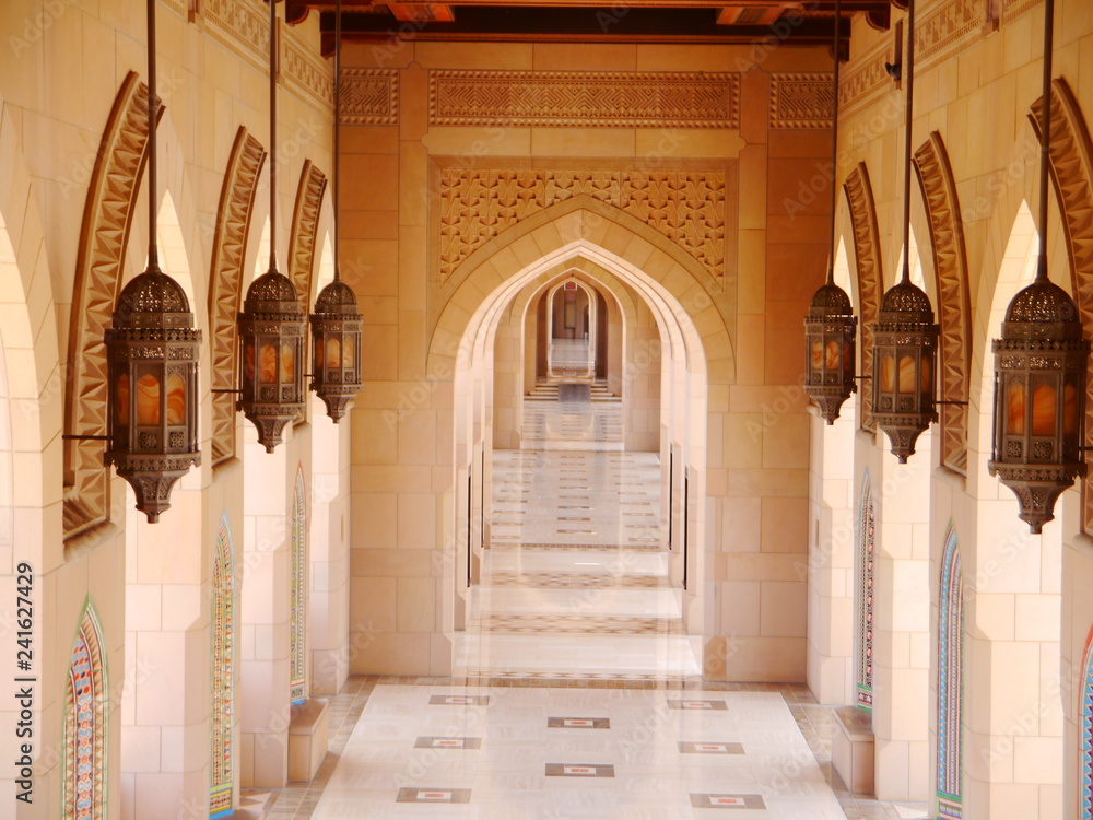 detail of arab architecture with stone arches and ornamented lantern ...
