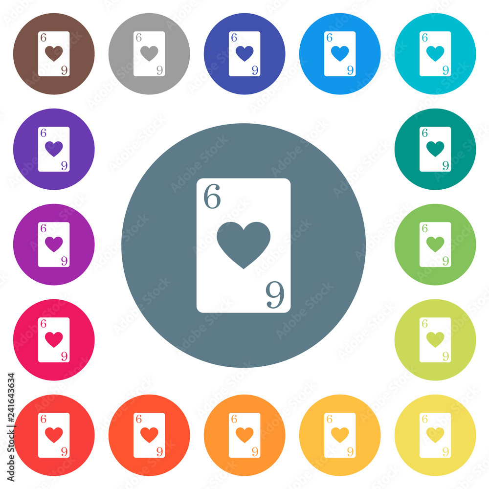 Six of hearts card flat white icons on round color backgrounds Stock ...