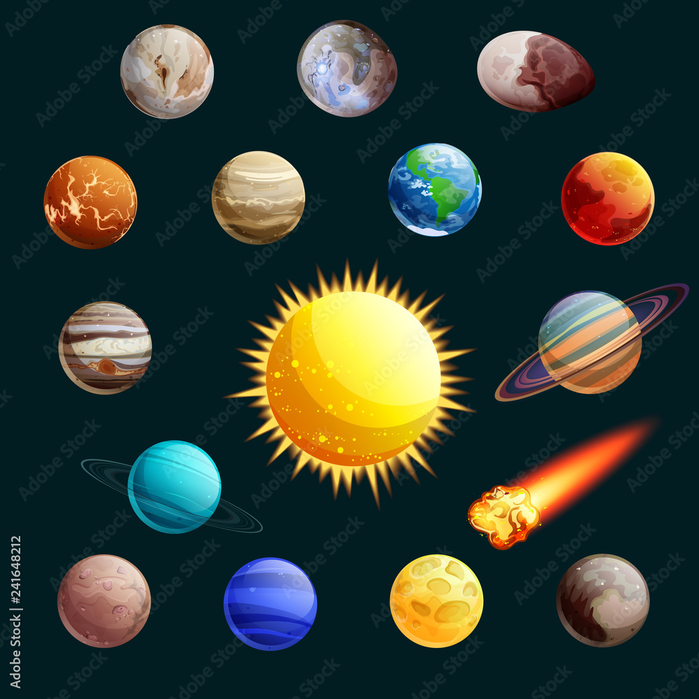 Solar system vector illustration. Sun, planets, satelites cartoon space ...