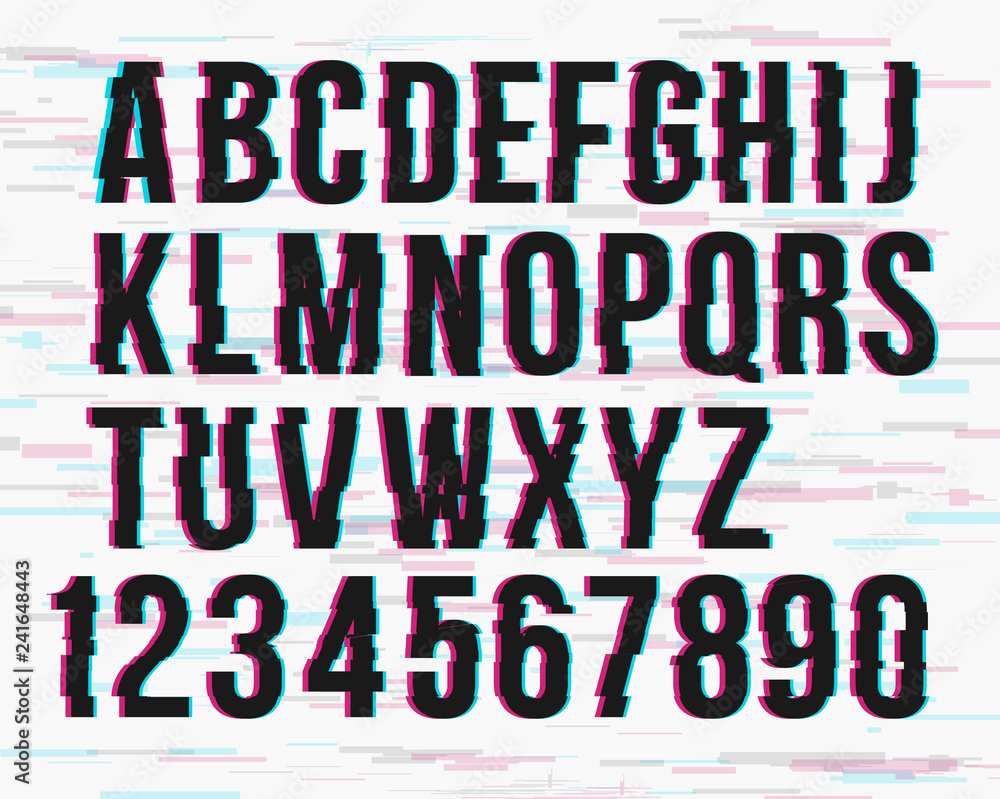 Trendy style distorted glitch typeface alphabet. Letters and numbers: A ...
