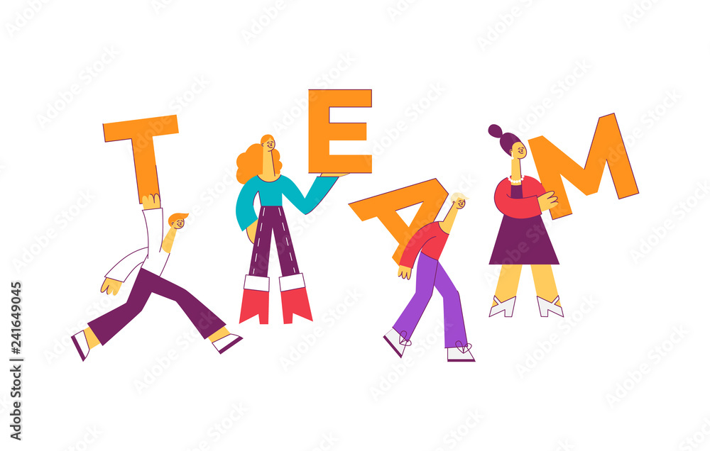 Vector cartoon characters carry team letters on shoulders with a smile ...