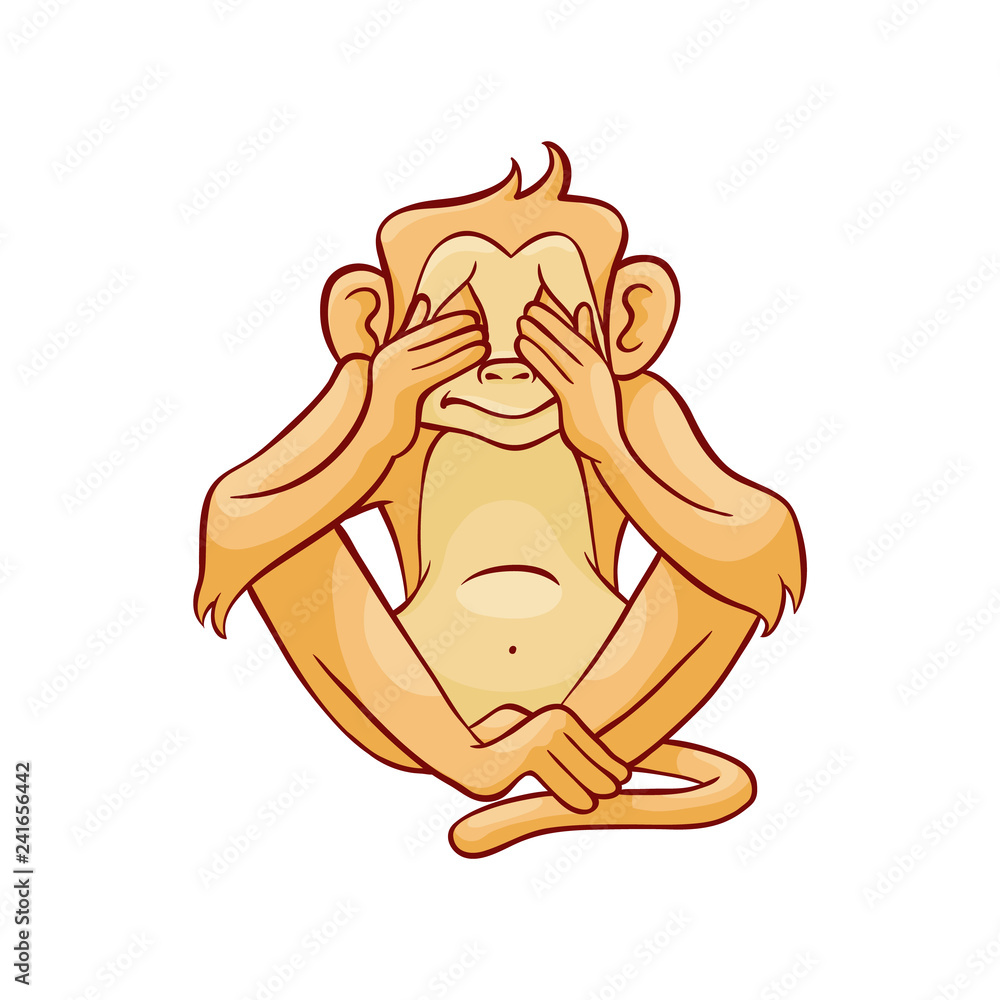Vector dont see metaphor monkey covering her eyes by hands. Sketch ape ...