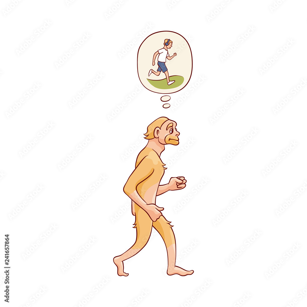 Vector sketch neanderthal ape-like caveman walking thinking of playing ...