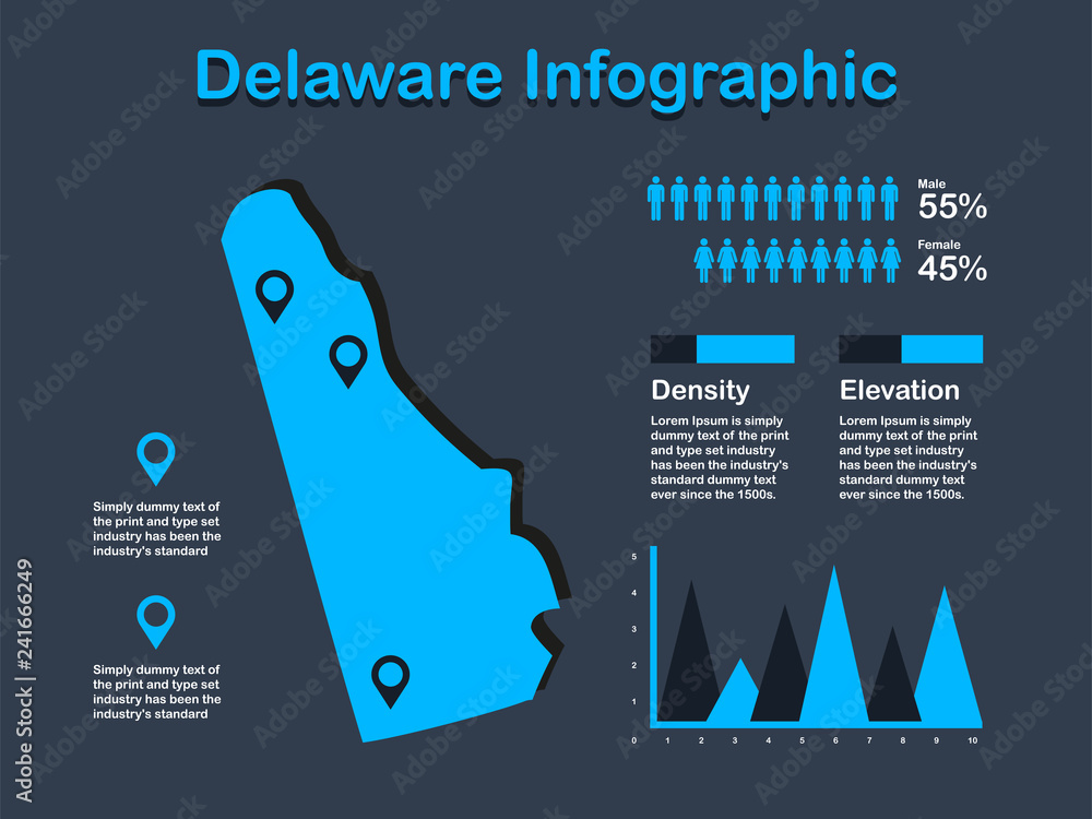 Delaware State (USA) Map with Set of Infographic Elements in Blue Color ...