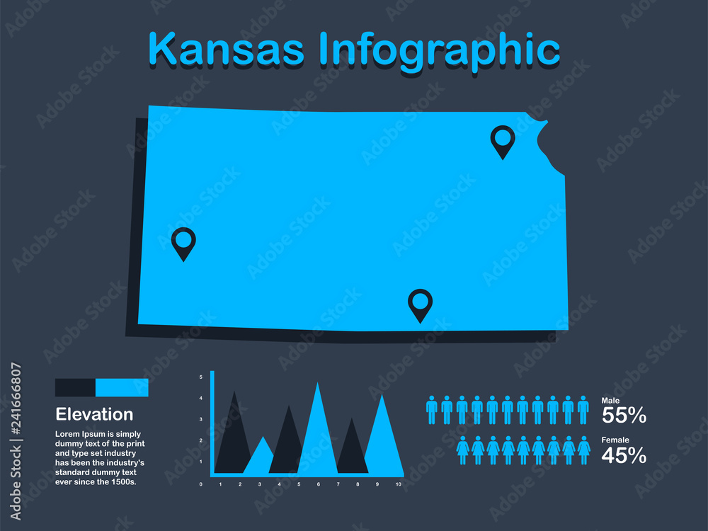 Kansas State (USA) Map with Set of Infographic Elements in Blue Color ...