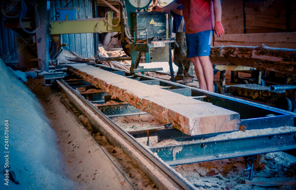Sawmill. Process of machining logs in equipment sawmill machine saw ...