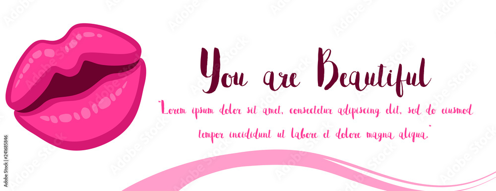 Cartoon pink kiss banner or hand lettering on white background. Love ...