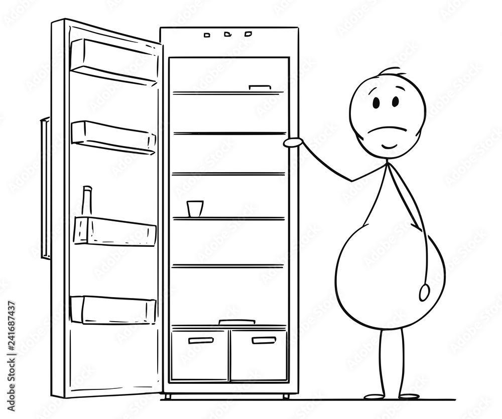 Cartoon stick drawing conceptual illustration of hungry and depressed ...