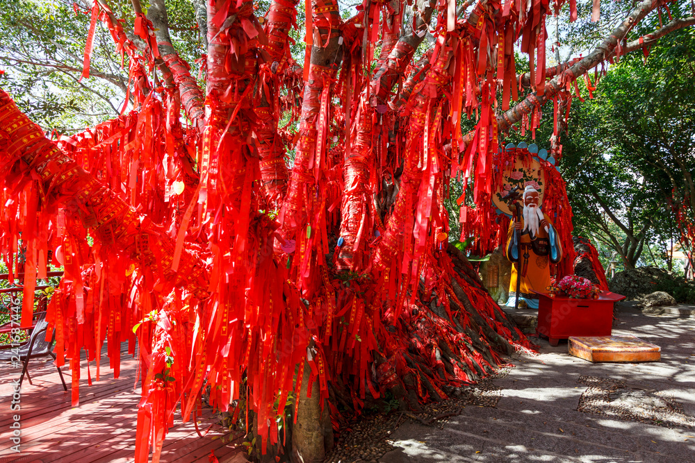 The sacred place of Buddhists, a tree with red ribbons, Tying ribbons ...