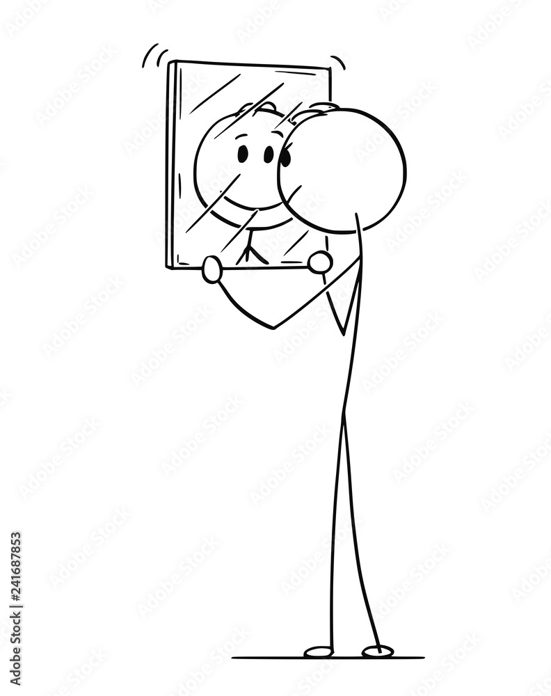 Cartoon stick drawing conceptual illustration of smiling man looking at ...