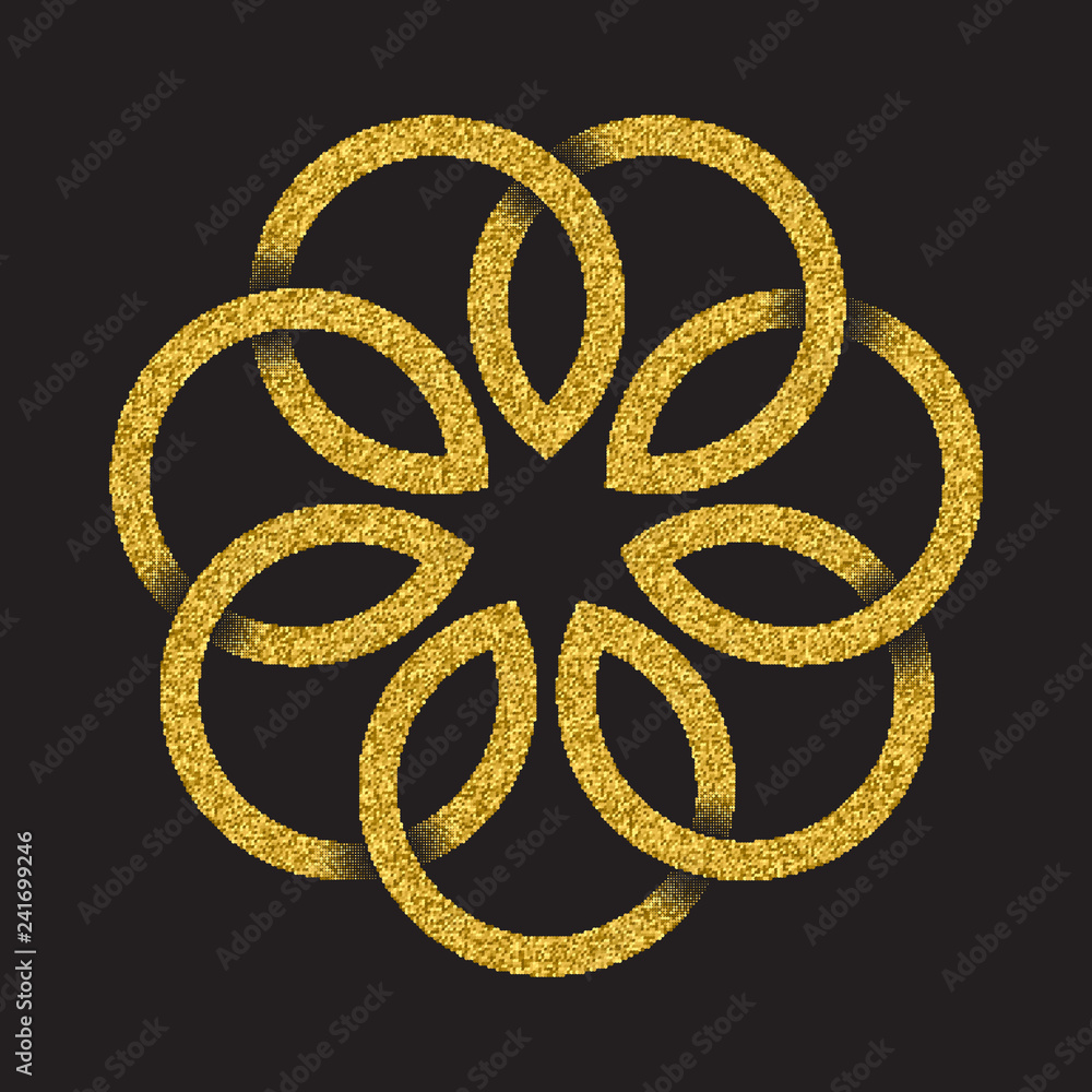 Golden glittering logo symbol in Celtic style on black background. Tribal symbol in seven petals ...