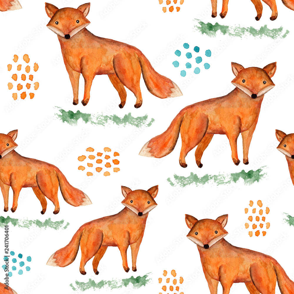 Cute watercolor seamless pattern with orange fox, green grass and blue ...