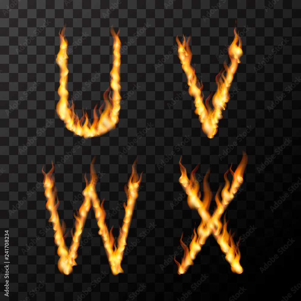 Bright realistic fire flames in U V W X letters shape, hot font concept ...