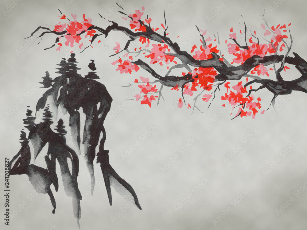 Japan traditional sumi-e painting. Fuji mountain, sakura, sunset. Japan ...