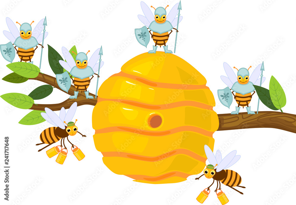 Yellow cartoon beehive on tree branch and bees isolated on white ...