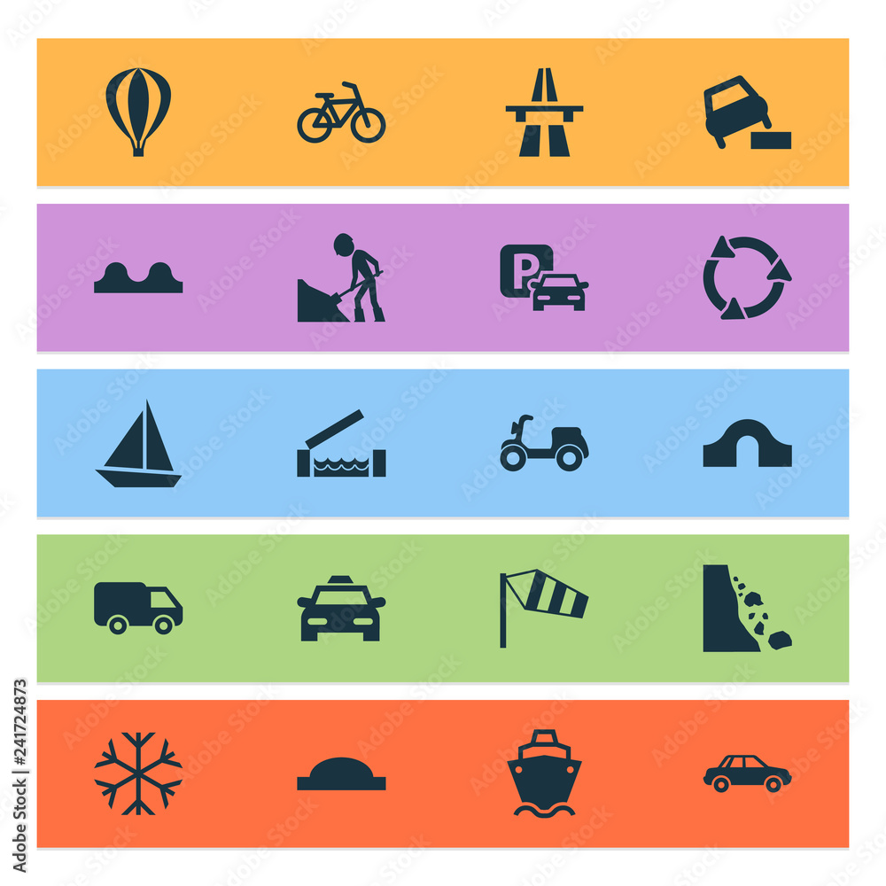 Transport icons set with hump bridge, cargo ship, risk and other ...