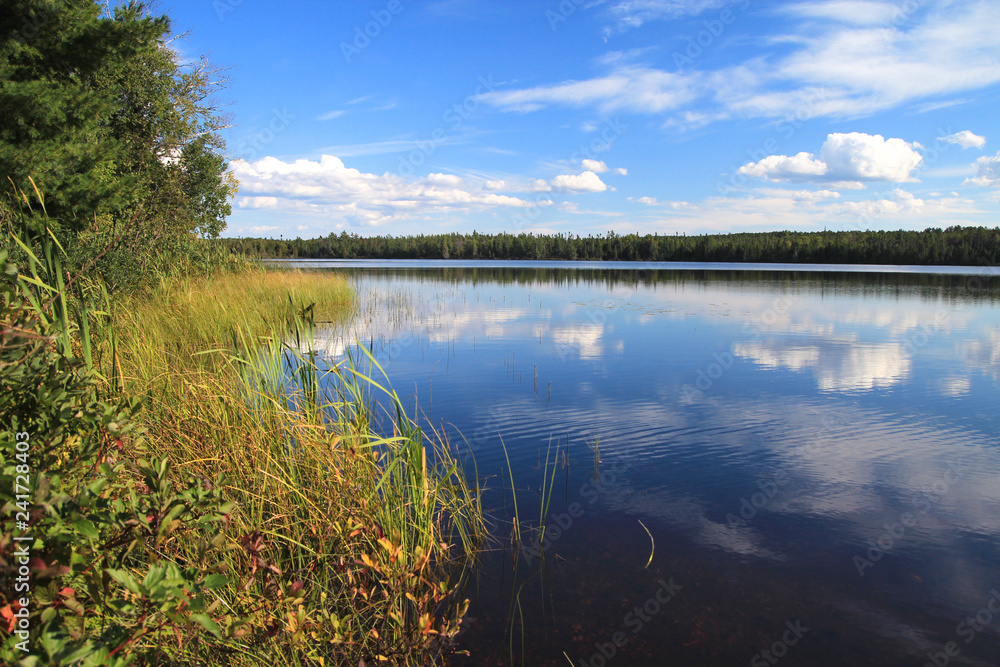 Northern Michigan Wilderness Lake. Sunny blue sky and clouds reflected ...