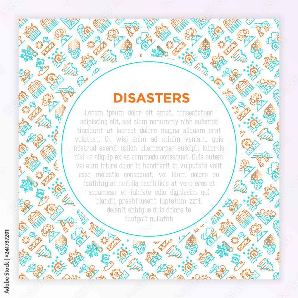 Disasters concept with thin line icons: earthquake, tsunami, tornado ...