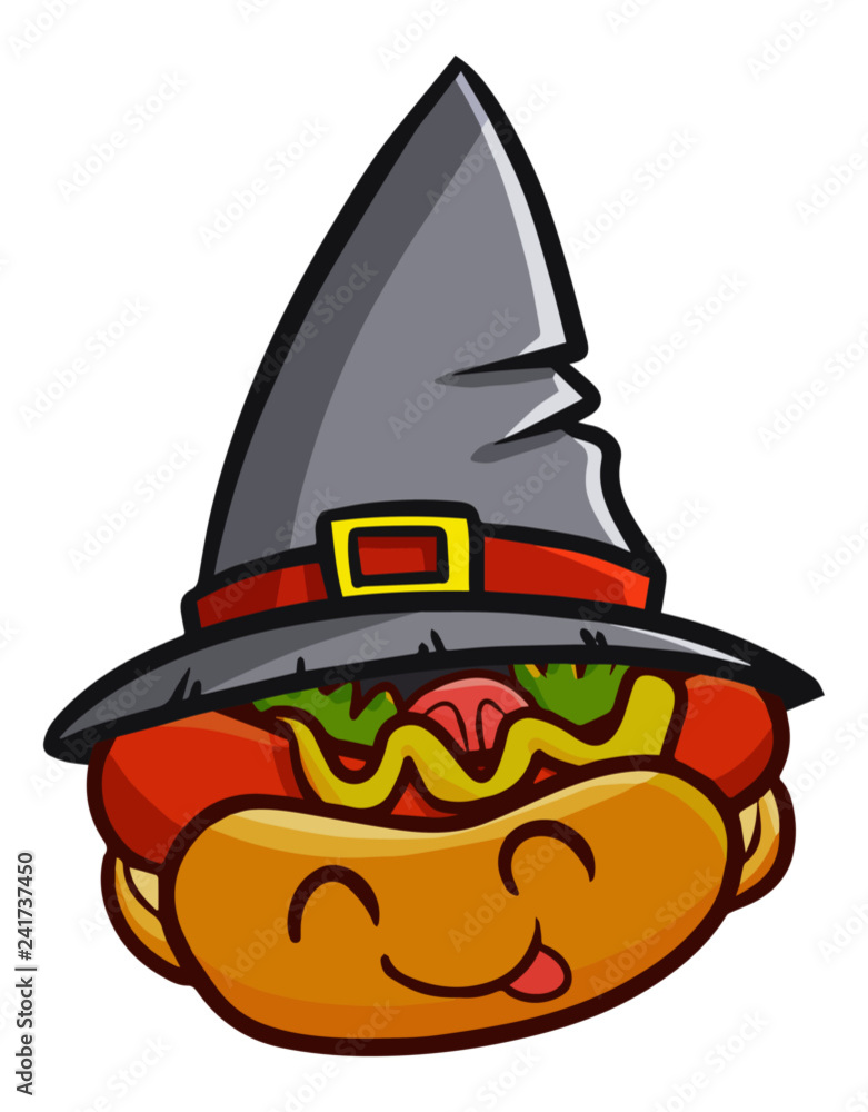 Cute and funny hot dog wearing witch hat for Halloween - vector. Stock ...