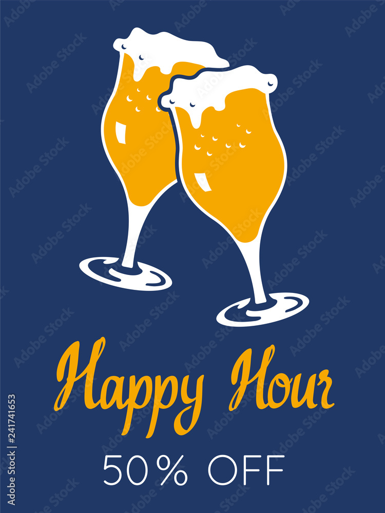 Happy hours poster. Vector illustration with glass of beer in sketch ...