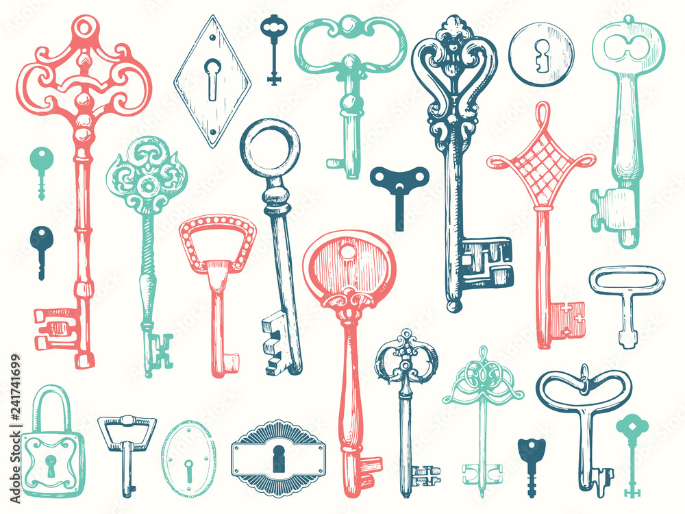 Vector set of hand-drawn antique keys. Illustration in sketch style on ...