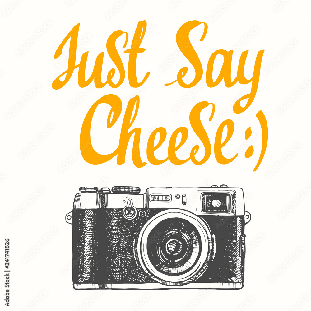 Vector illustration with camera in sketch style on white background ...