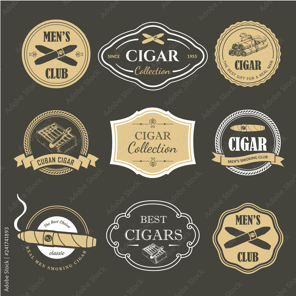 Vector Illustration with logo and labels. Simple symbols tobacco, cigar ...