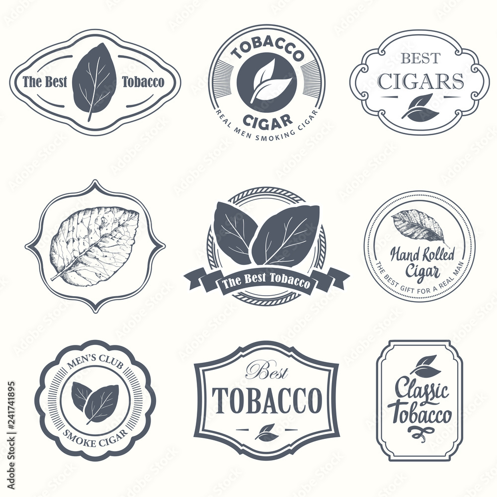 Vector Illustration with logo and labels. Simple symbols tobacco, cigar ...