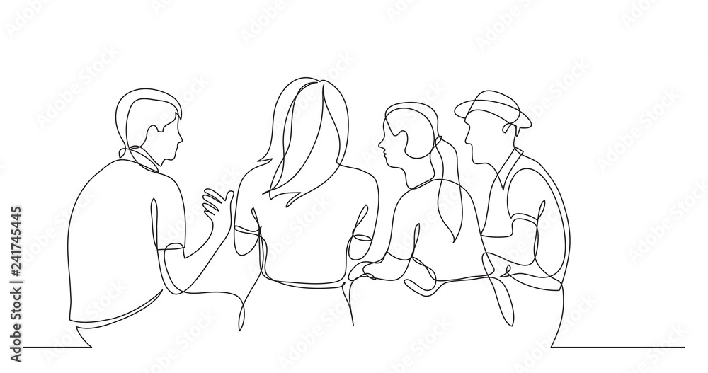young friends sitting and talking together - one line drawing Stock ...
