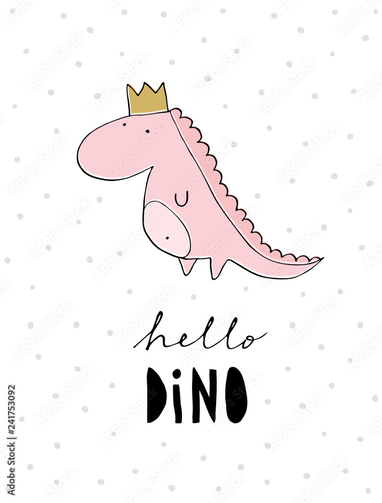 Hello Dino. Lovely Hand Drawn Dino Vector Illustration. White Dotted ...