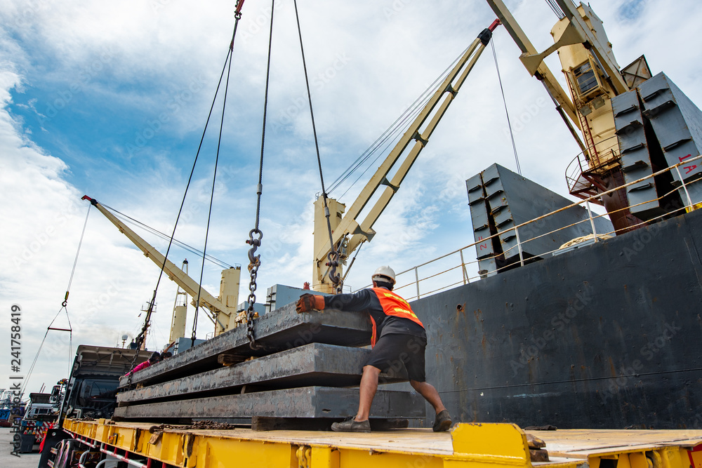 in port harbor working loading and discharging cargo handling by gang ...