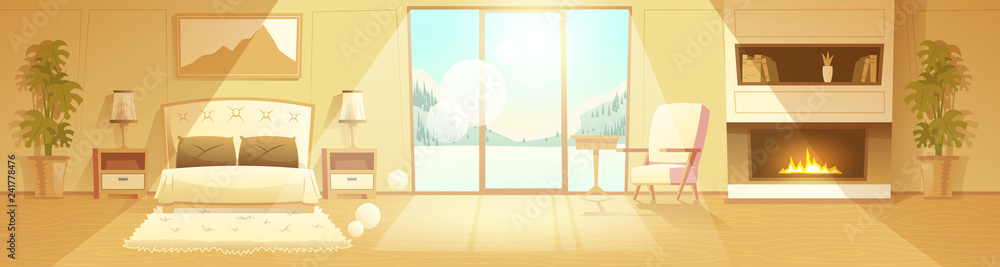 Vector cartoon interior of cozy hotel bedroom with furniture - double ...