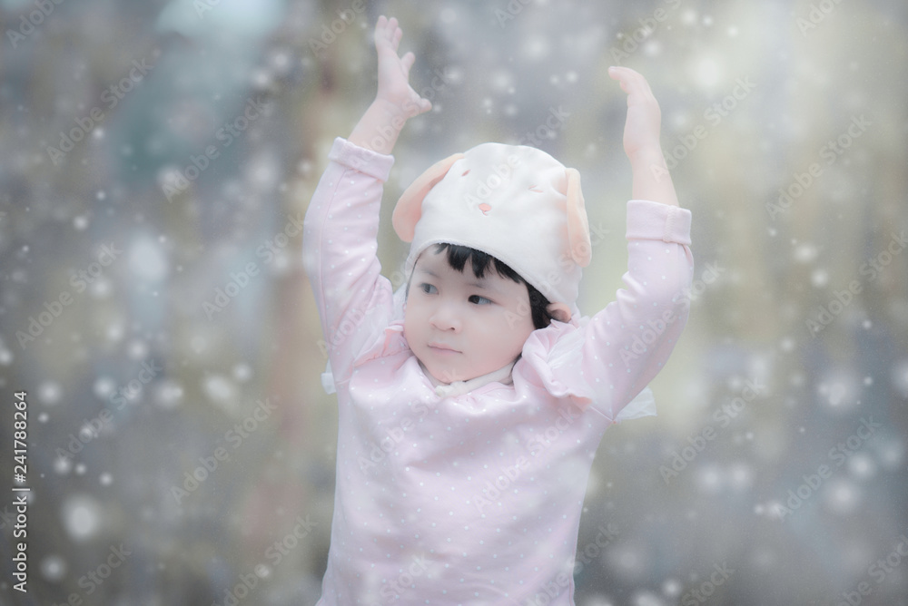 Children playing snow girl playing on winter with snow on nature Asia ...