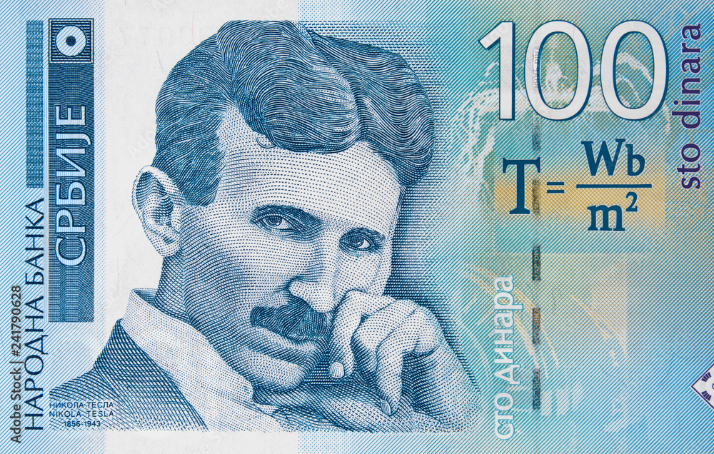 Serbia 100 dinars banknote. Nikola Tesla portrait. Serbian money ...