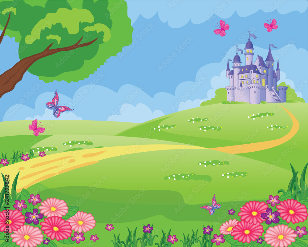 Fairy tale background with flower meadow, Princess's castle and ...
