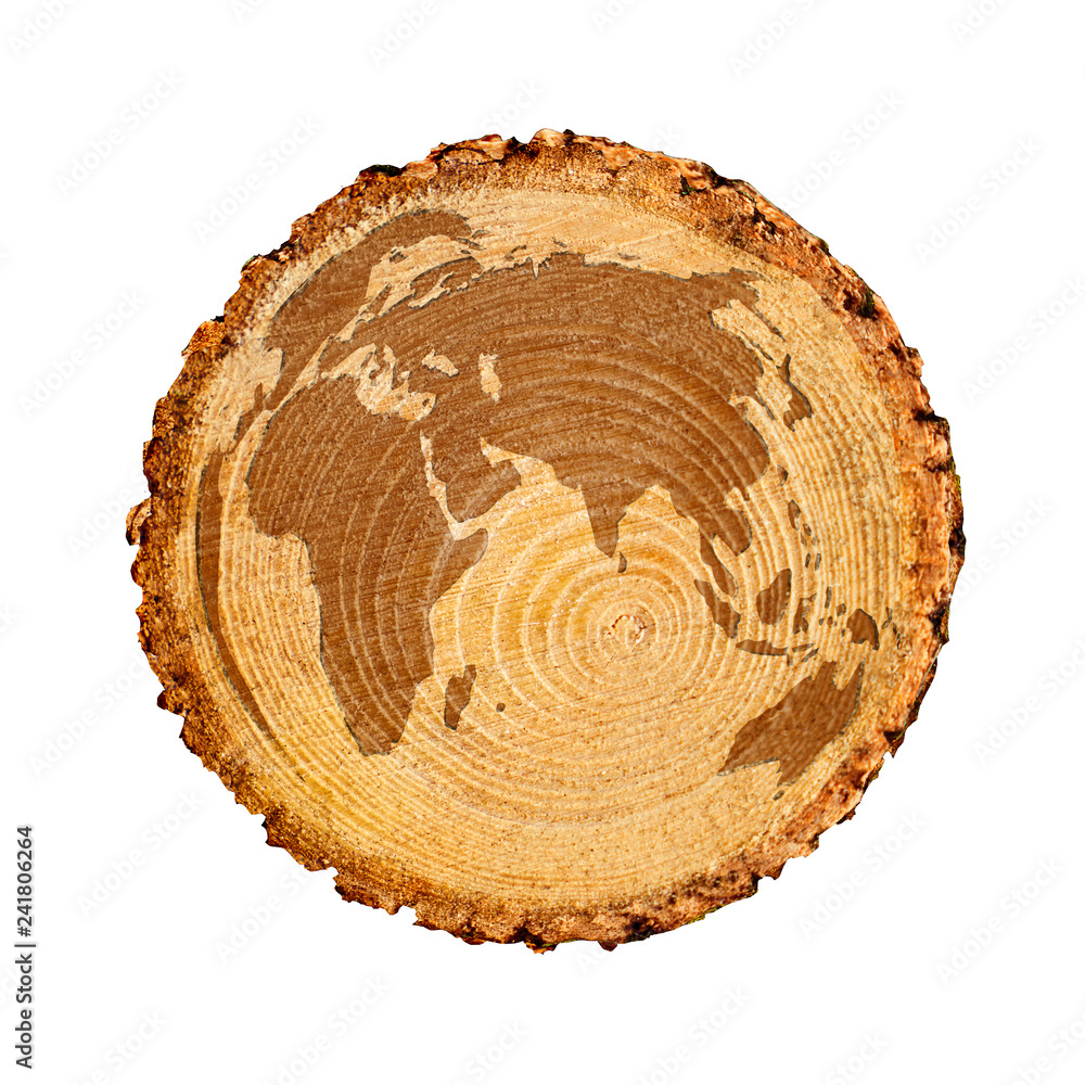 World map on a wood textured background. Round globe with Africa Asia ...