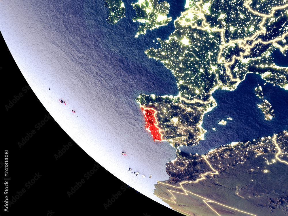 Orbit view of Portugal at night with bright city lights. Very detailed ...