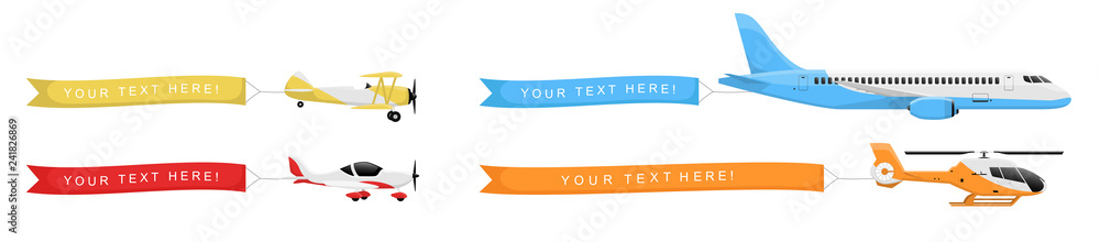 Planes set with banners in the sky isolated on white background. Air ...