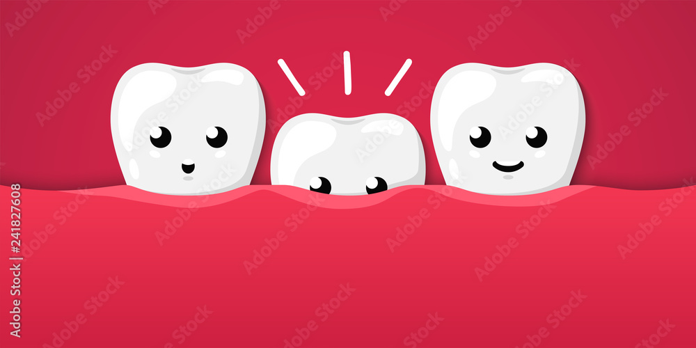 Tooth isolated on a red background. Cute cartoon character. The growth ...